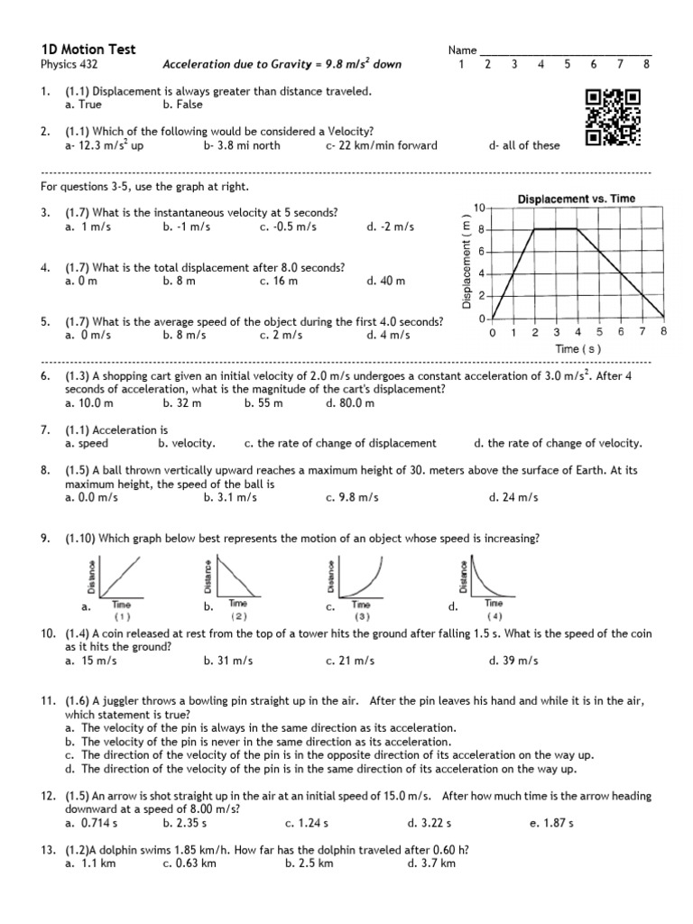 1D Motion Physics Test Questions | PDF | Acceleration | Velocity