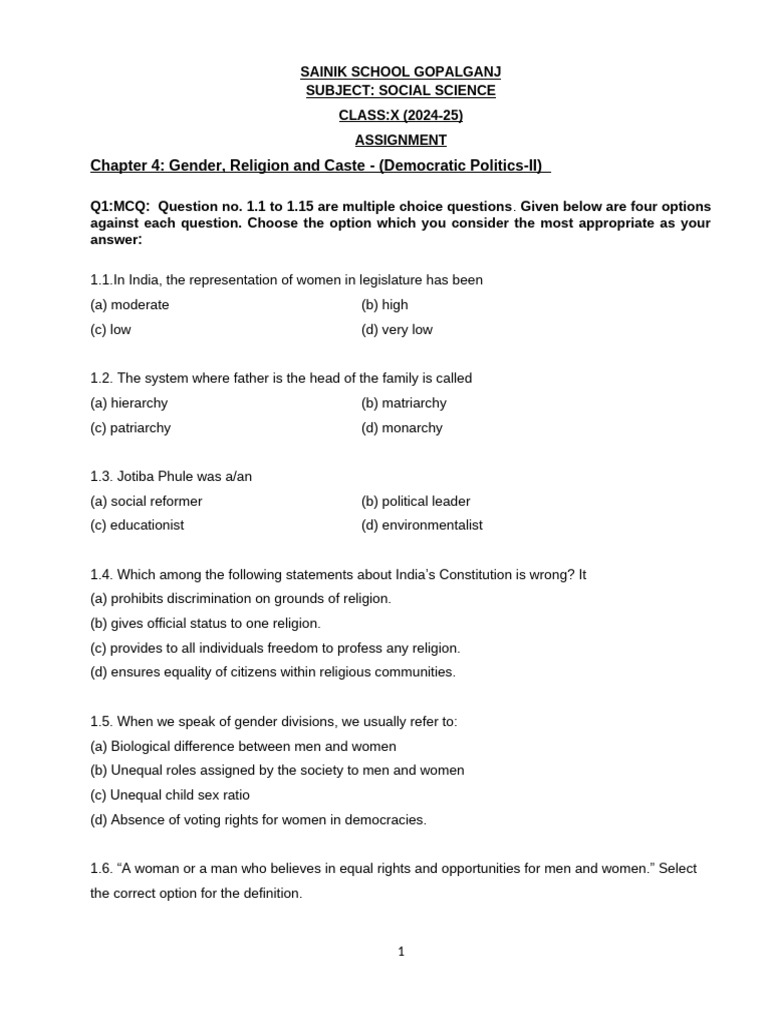 Assignment-Gender, Religion and Caste (2024-25) | PDF