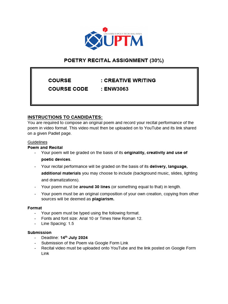 Online Poetry Recital Assignment - Instruction | PDF