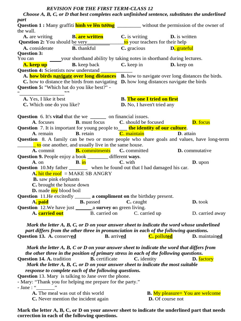 Revision For The First Term - Class 12 - Key | PDF | Domestication