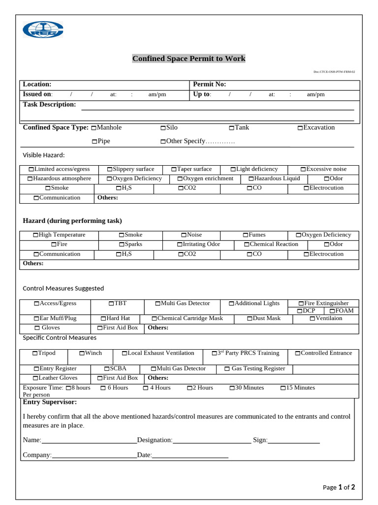 CTCE-Confined Space Permit to Work | PDF
