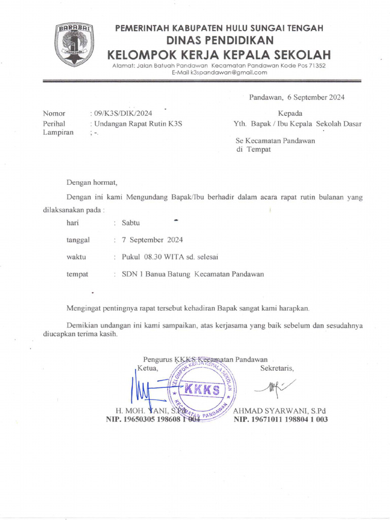 Undangan Kepsek Rapat K3S Sept | PDF