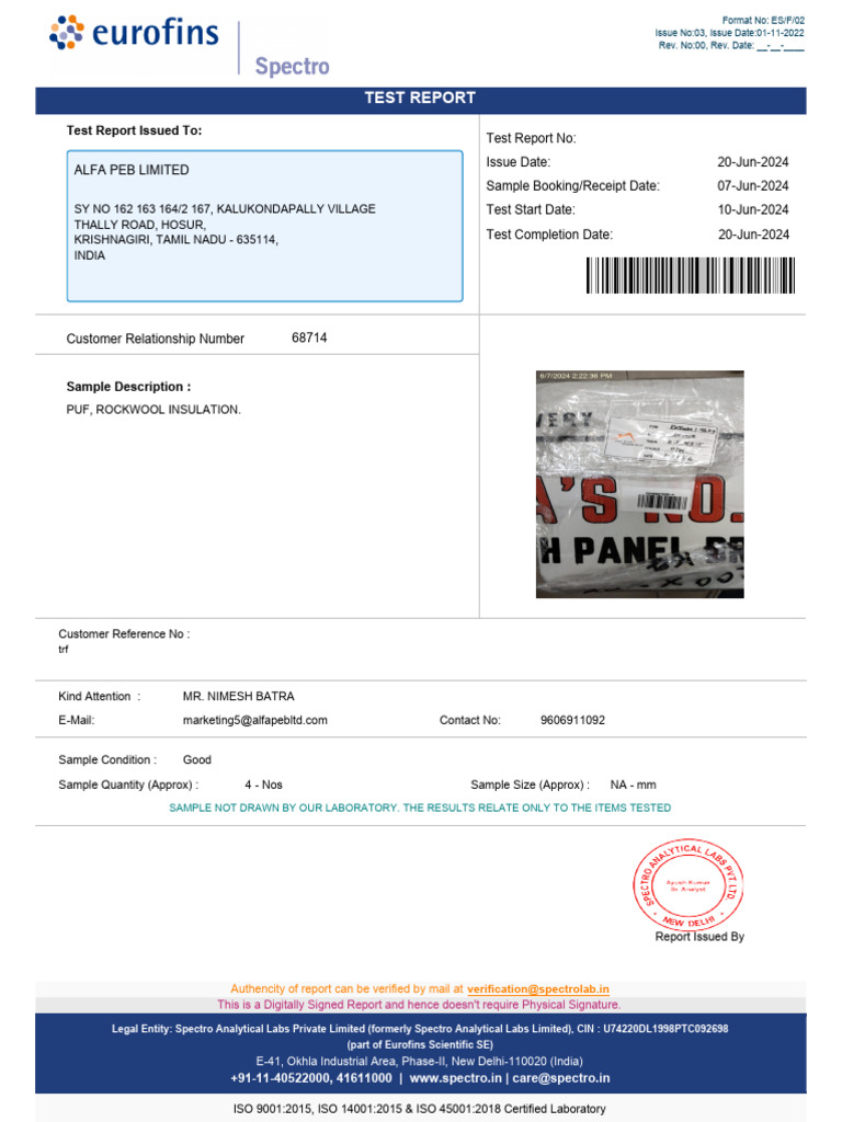 15. Test Certificate PUF, ROCKWOOL INSULATION. | PDF