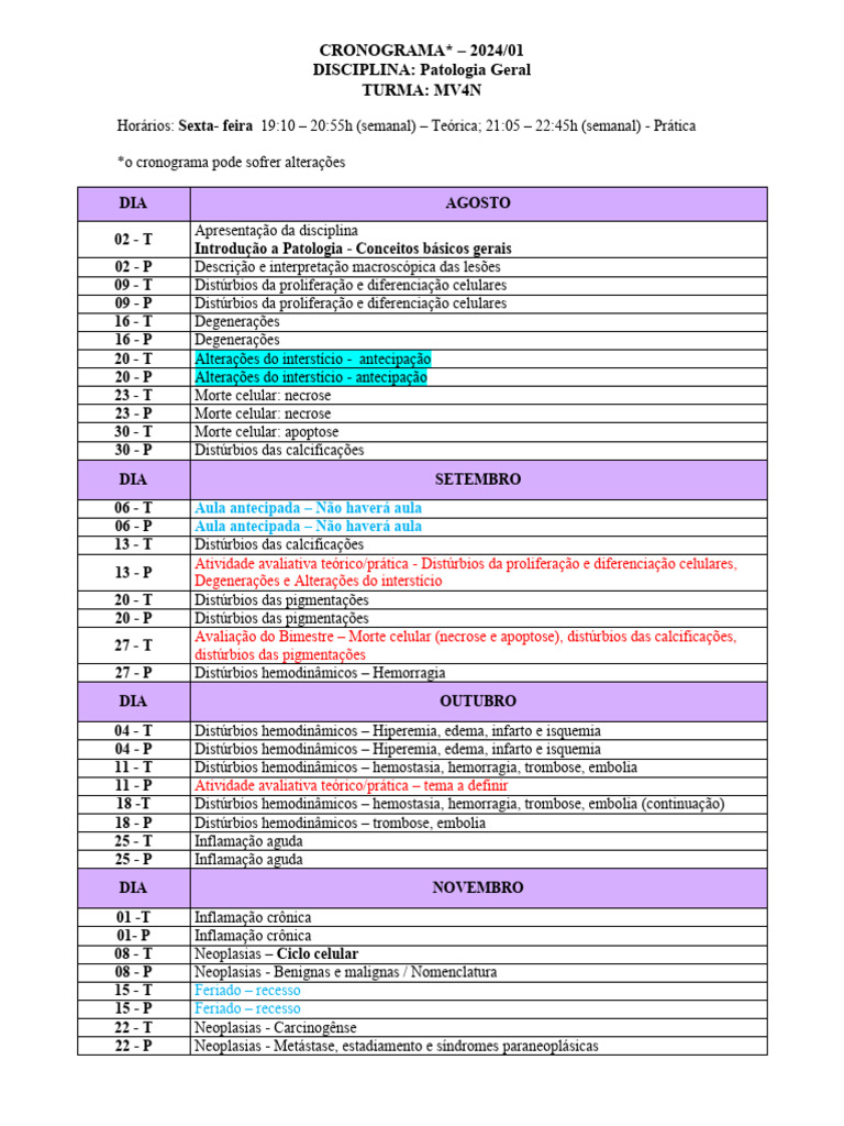 Cronograma de Aulas 2024.2 - Noturno PDF | PDF