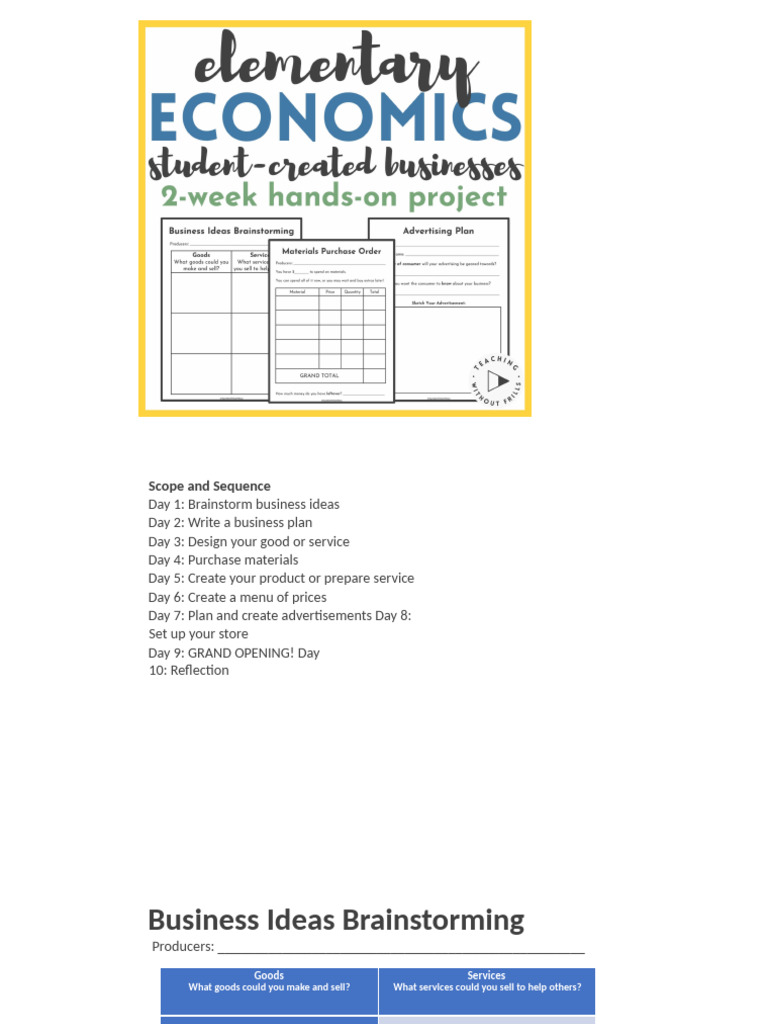 Elementary Economics Hands On Project | PDF