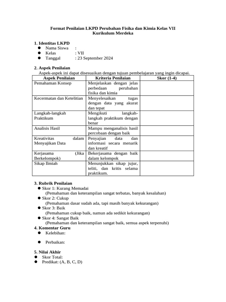 Format Penilaian LKPD Perubahan Fisika Dan Kimia K | PDF