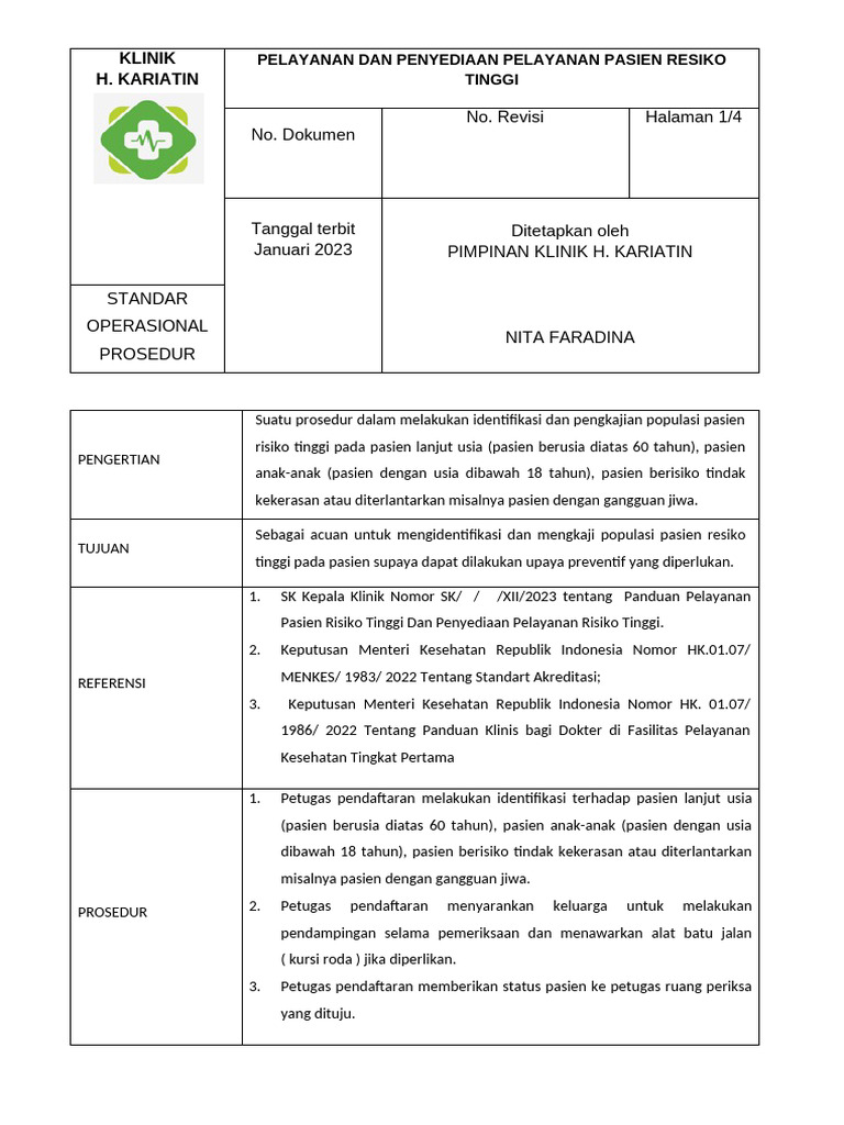 Sop Pelayanan Dan Penyediaan Pelayanan Pasien Resiko Tinggi Pdf