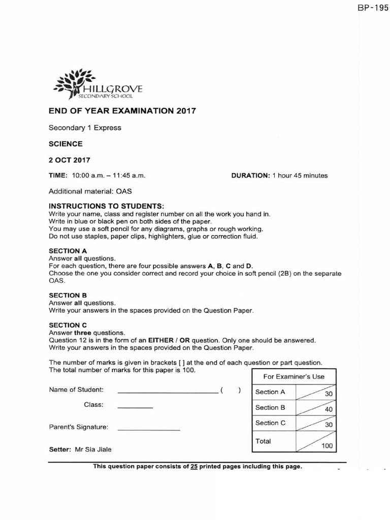 Sec 1 Science SA2 Hillgrove Sec 2017 | PDF