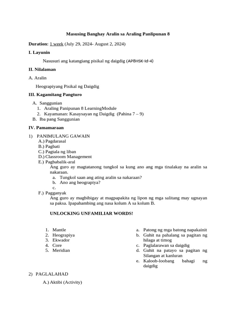 Masusing Banghay Aralin Sa Araling Panlipunan 7 | PDF