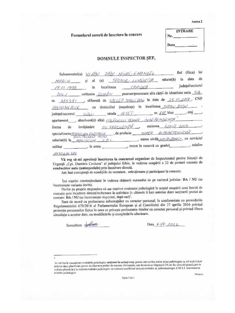 Cerere Înscriere | PDF