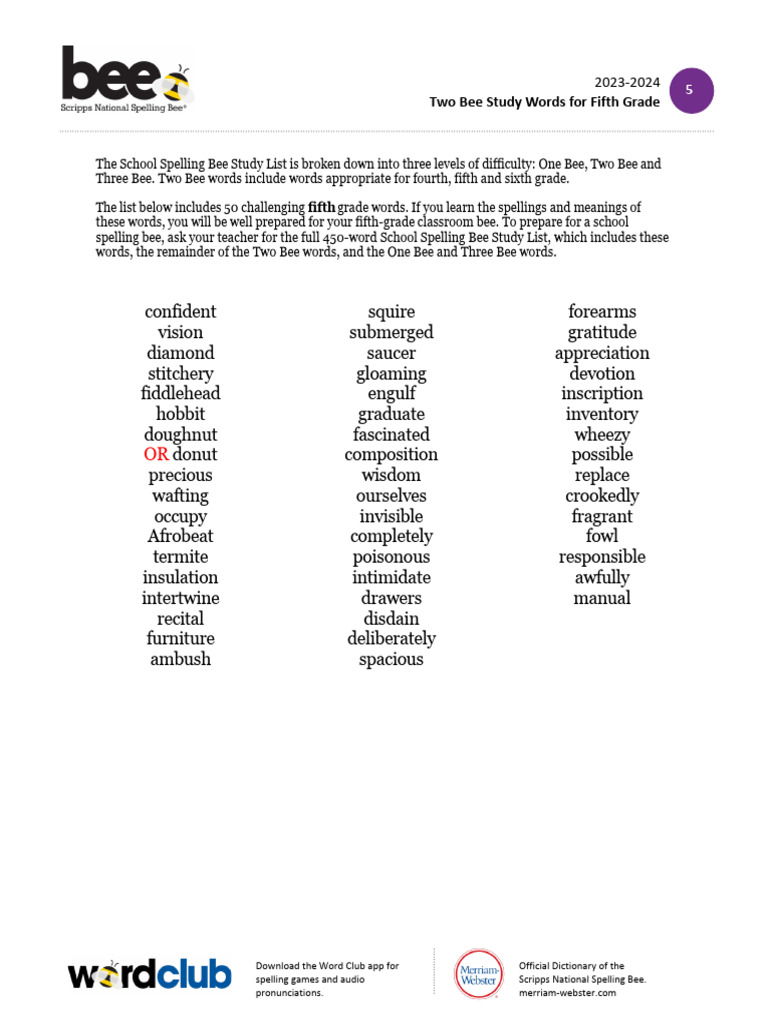 SB 2024 Fifth Grade Words Only | PDF