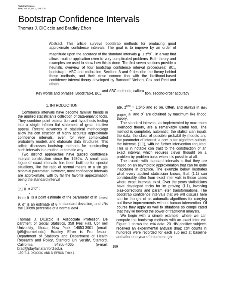 Bootstrap Confidence Intervals: Thomas J. Diciccio and Bradley Efron | PDF