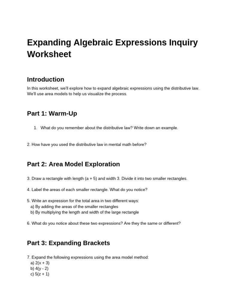 Inquiry Worksheet - Extend and Apply The Distributive Law To The ...