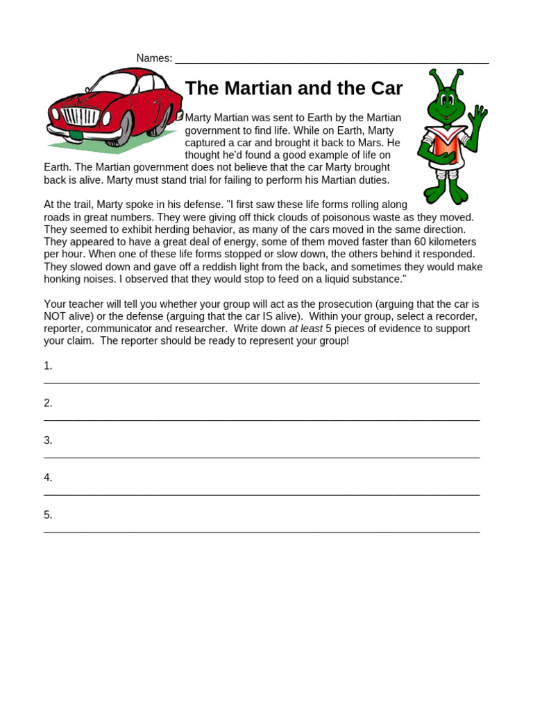 Student Worksheet-Martian and Car Activity | PDF