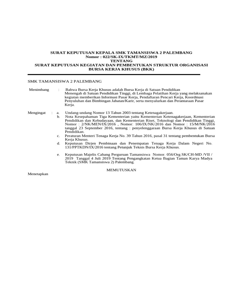 SK BKK SMK Tamansiswa 2 Palembang | PDF