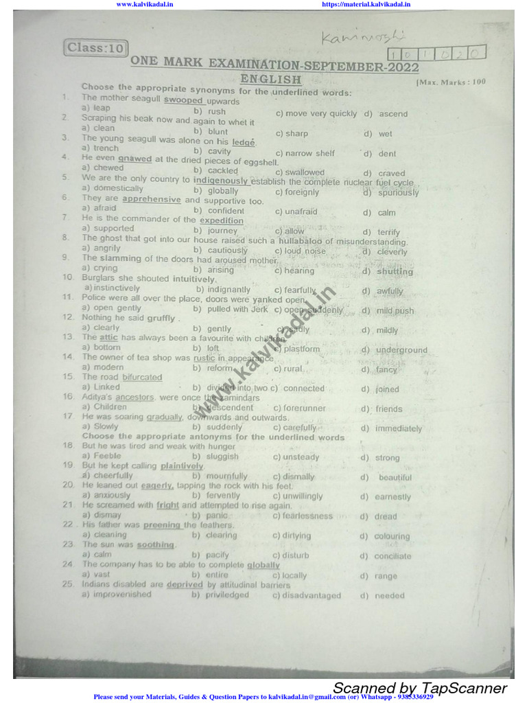 10th English One Marks Test Question Paper Chennai 2022 | PDF