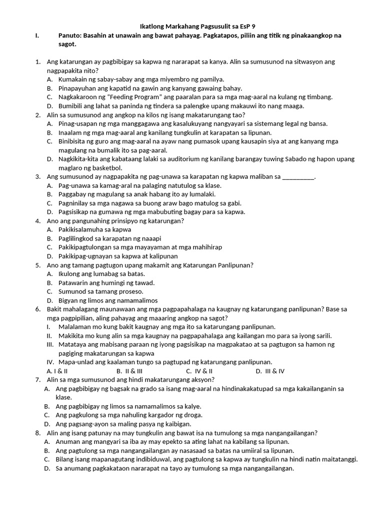 3rd Quarter Exam EsP 9 | PDF