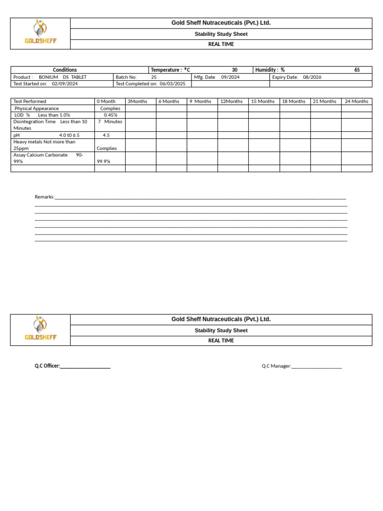 Stability Study Sheet Real Time Bonium Tablet DS | PDF