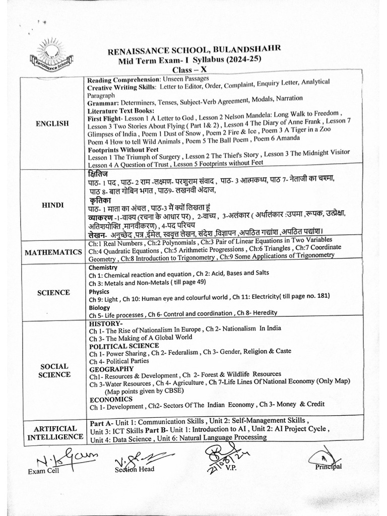 Mid Term Exam - I Syllabus Class - X | PDF
