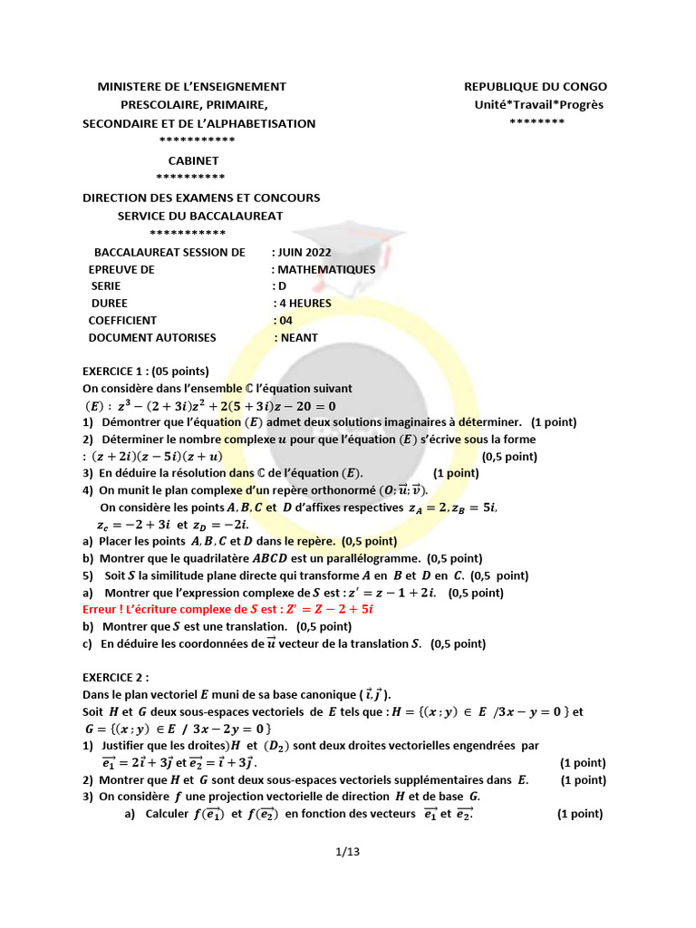 Sujet+Corrigé_du _Bac_D_2022_Congo-Brazzaville_Mathématiques | PDF