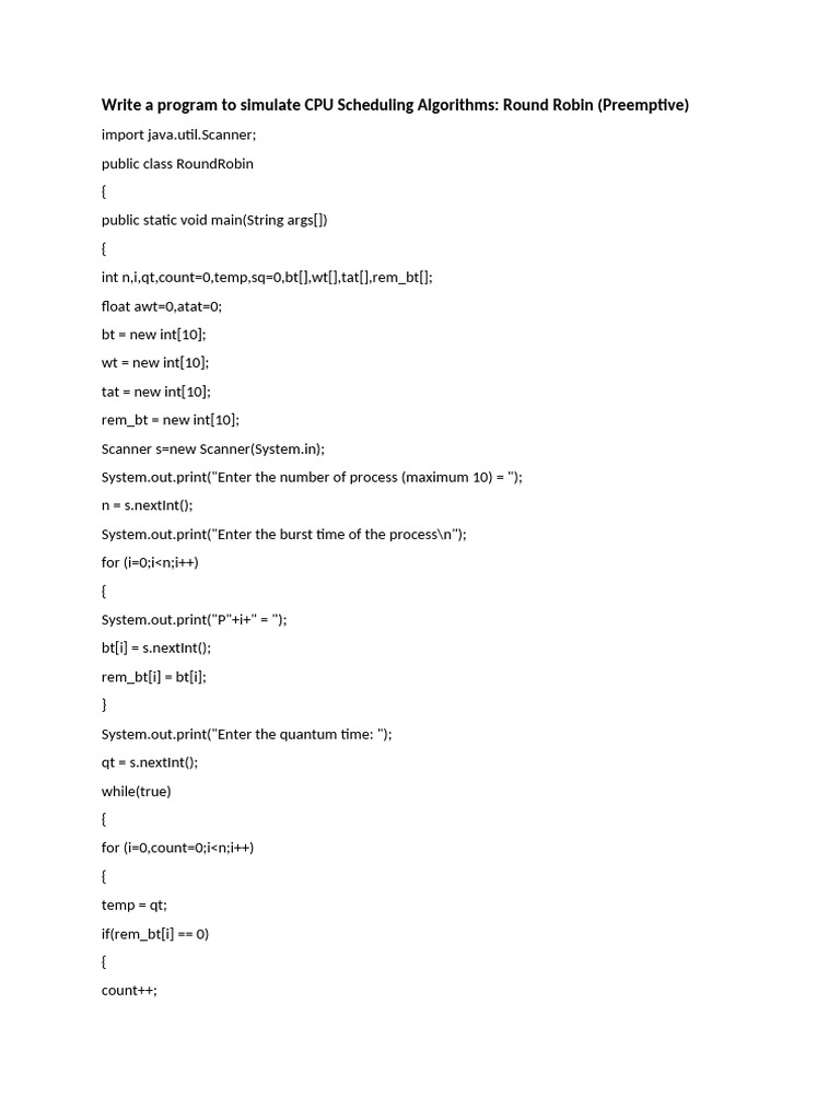 Write A Program To Simulate CPU Scheduling Algorithms: Round Robin (Preemptive) | PDF