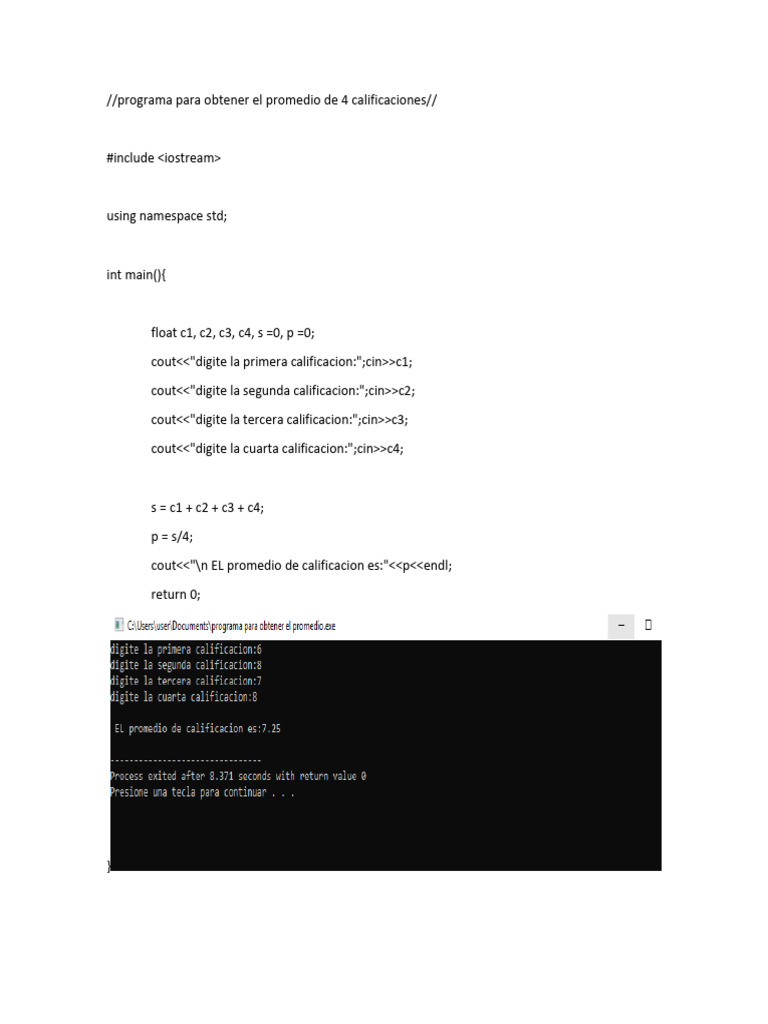 programa para obtener el promedio de 4 calificaciones | PDF