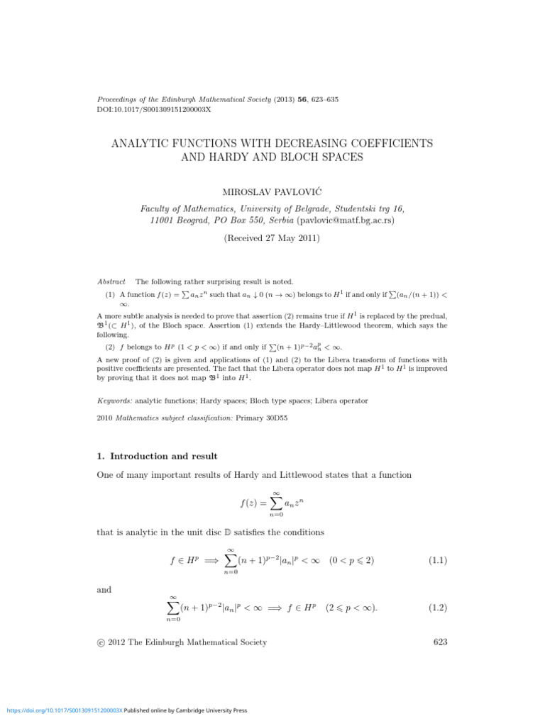Analytic Functions With Decreasing Coefficients and Hardy and Bloch Spaces | PDF