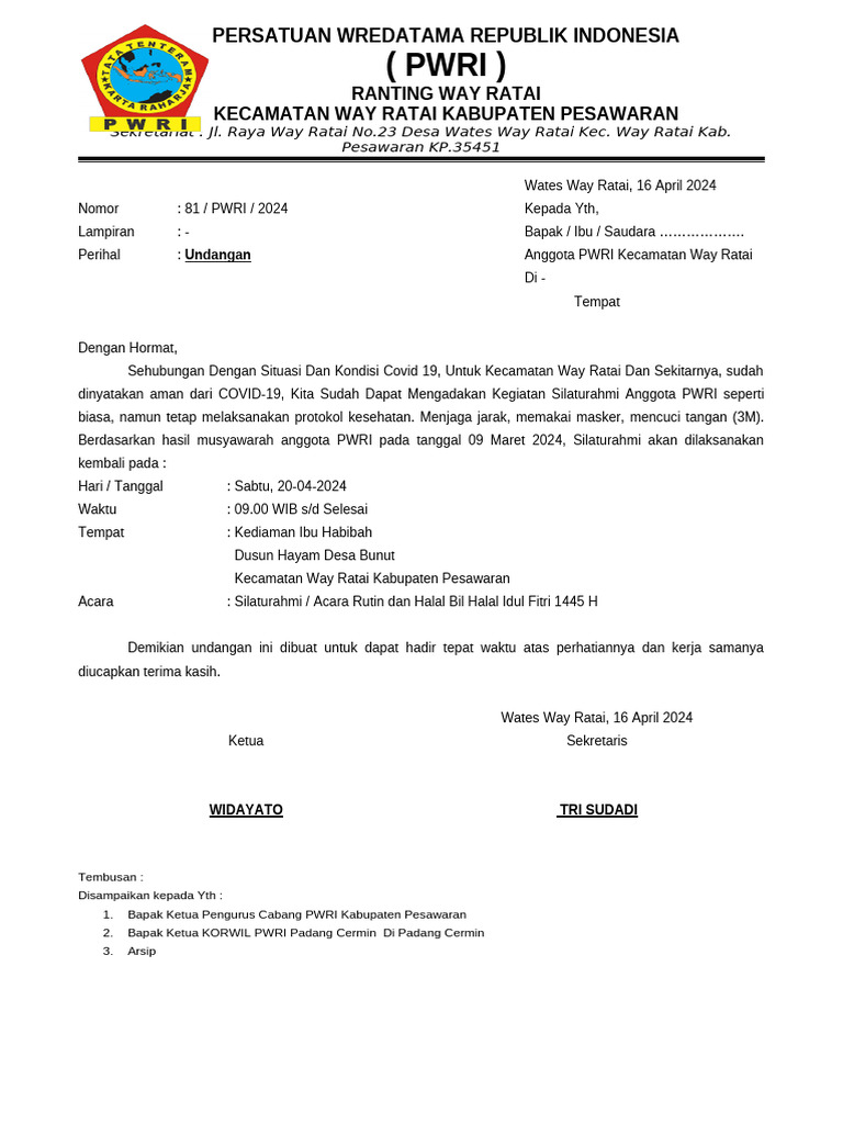 Undangan Silaturahmi PWRI Way Ratai | PDF