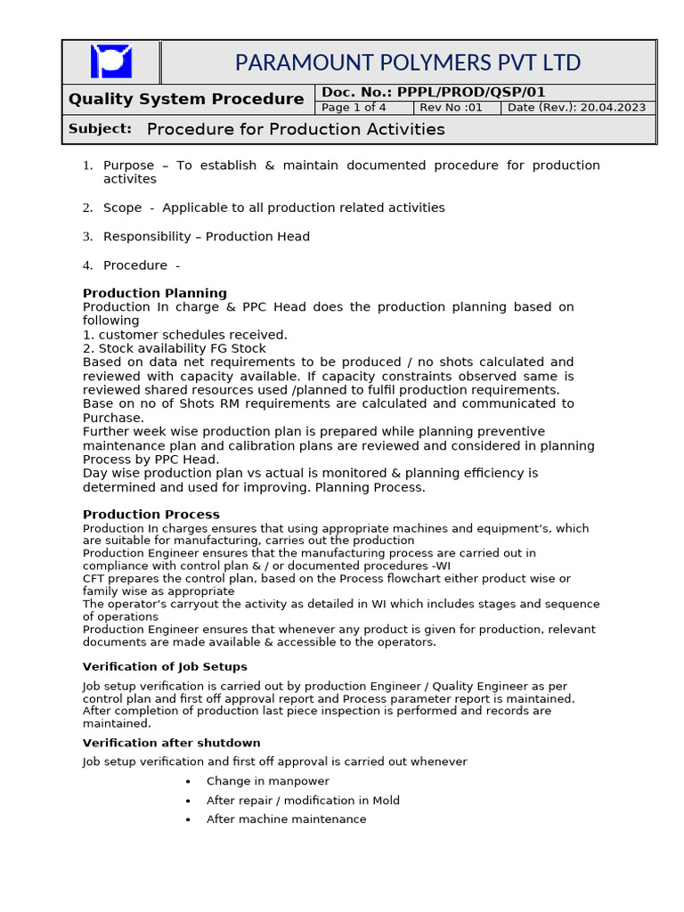 PPPL-PROD-QSP-01 Procedure For Production Activities | PDF