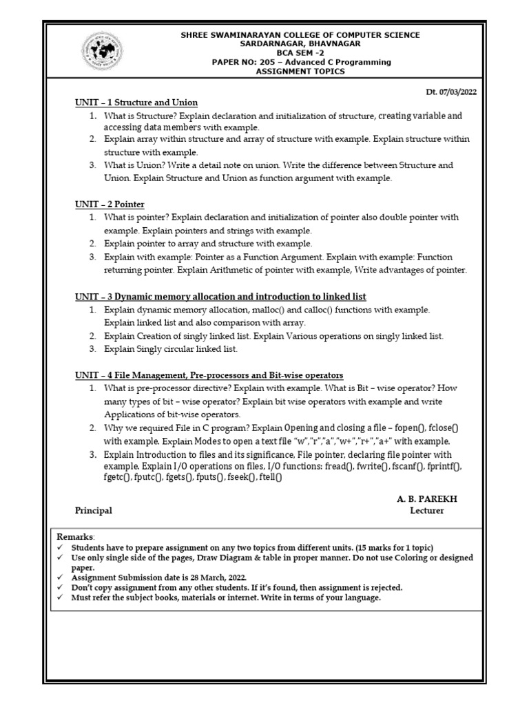 205 - Advanced C Programmin - ASSIGNMENT TOPICS - BCA | PDF 205 - Advanced C Programmin - ASSIGNMENT TOPICS - BCA | PDF