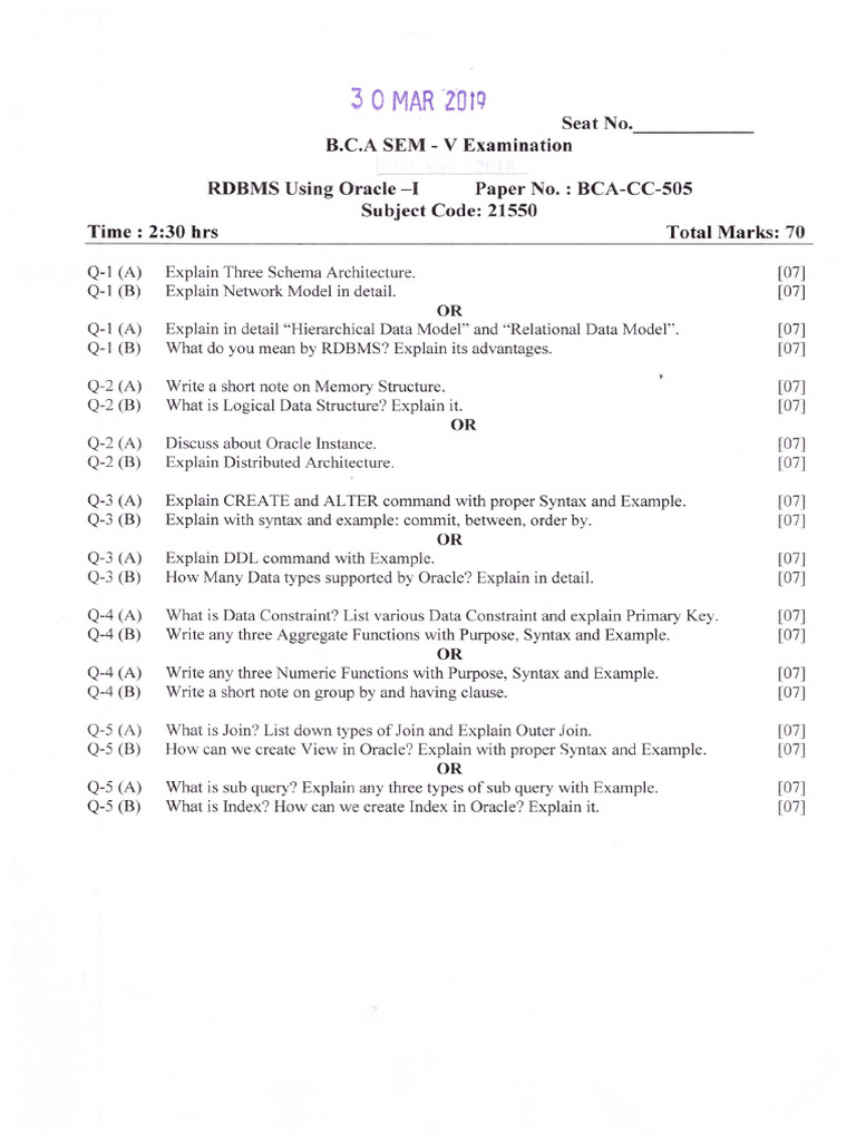 Bca Sem - 5 - 21550 - March - 2019 - RDBMS Using | PDF