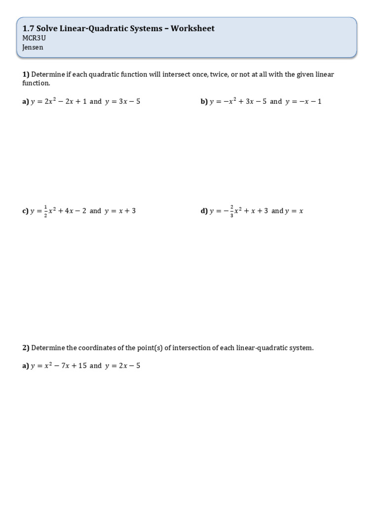 Linear-Quadratic Systems Worksheet | PDF | Slope | Mathematical Concepts