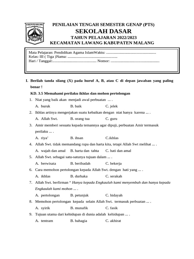 SOAL PTS PAI KELAS 3 | PDF