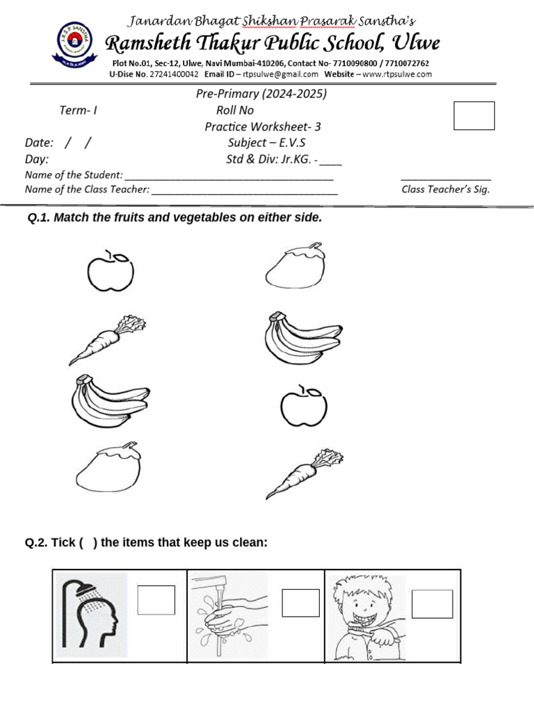 03a - EVS Practice Work Sheet Pre-Primary (29 AUg) | PDF | Career & Growth