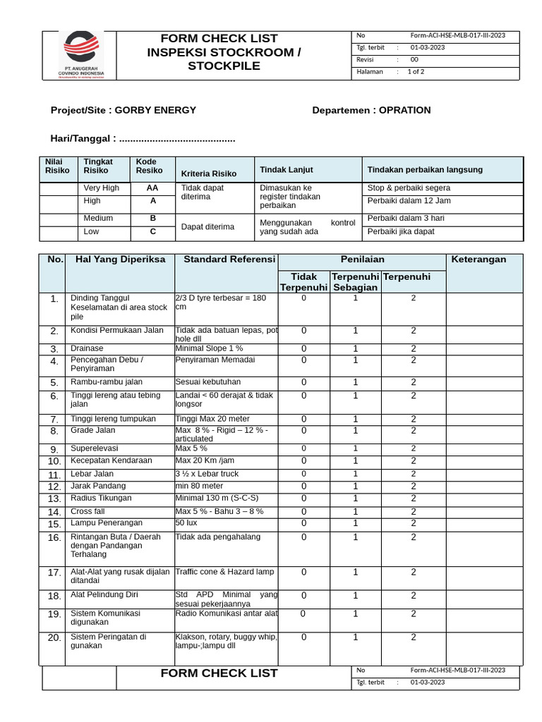 Form Inspeksi Stockpile | PDF