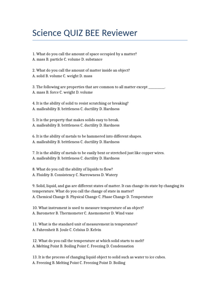 Science Quiz Bee Reviewer | PDF Science Quiz Bee Reviewer | PDF