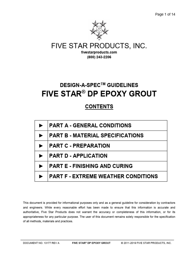 Five Star DP Epoxy Grout Guide Specifications 1980127 | PDF