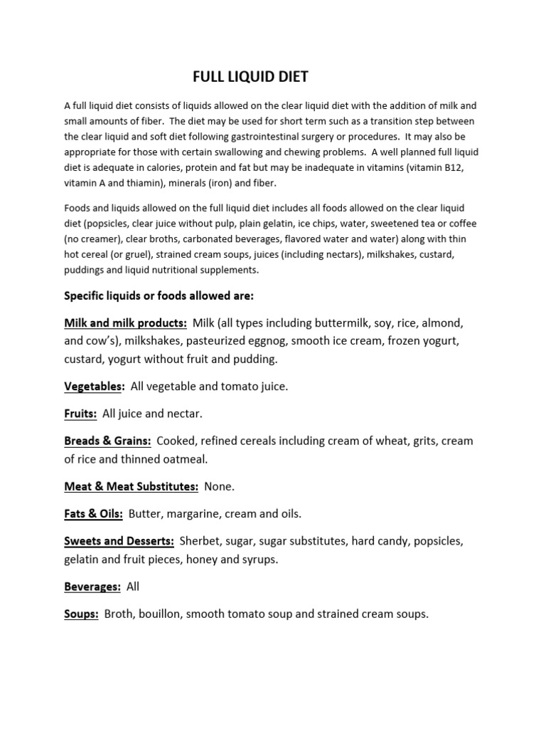 Full Liquid Diet Overview and Options | PDF