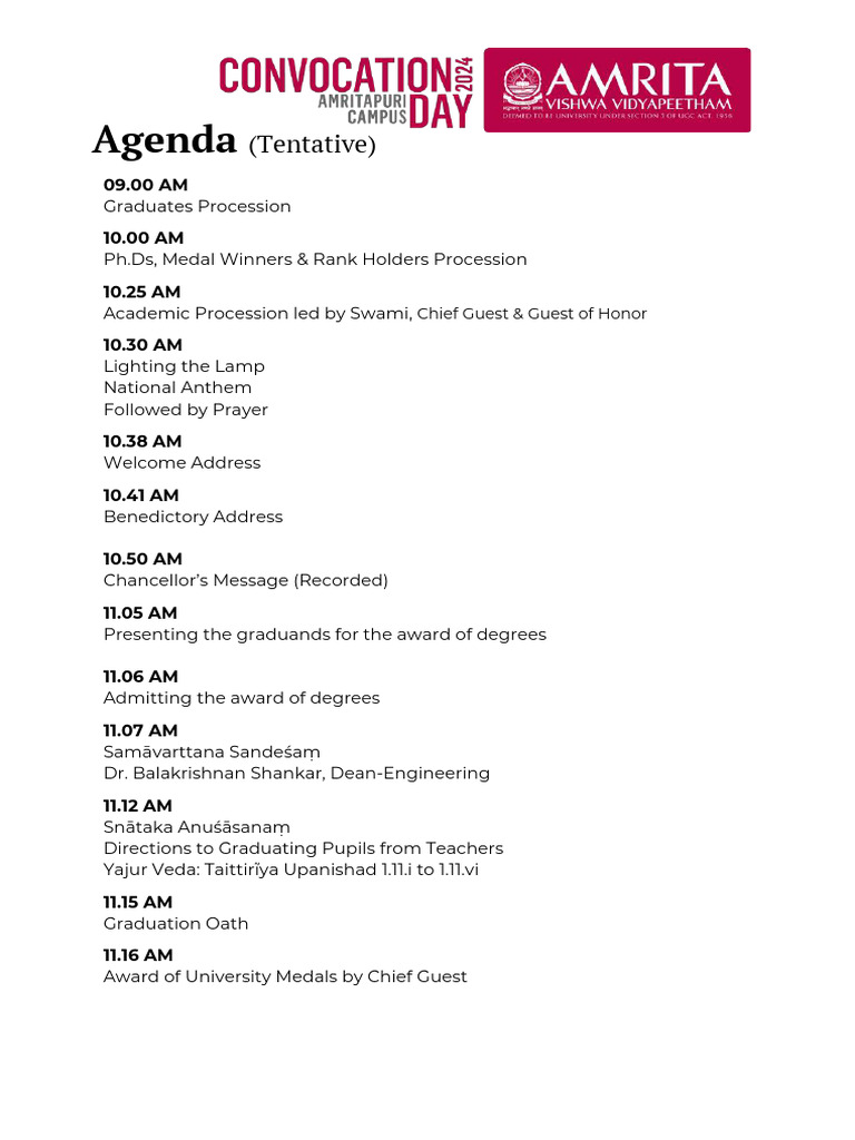 Convocation Agenda Amritapuri Campus Final Version 2024 Pdf
