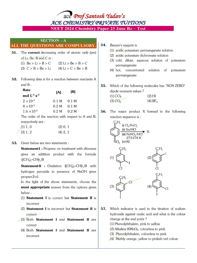 23 June - 2024 Re - Test Paper Chemistry Question Paper | PDF