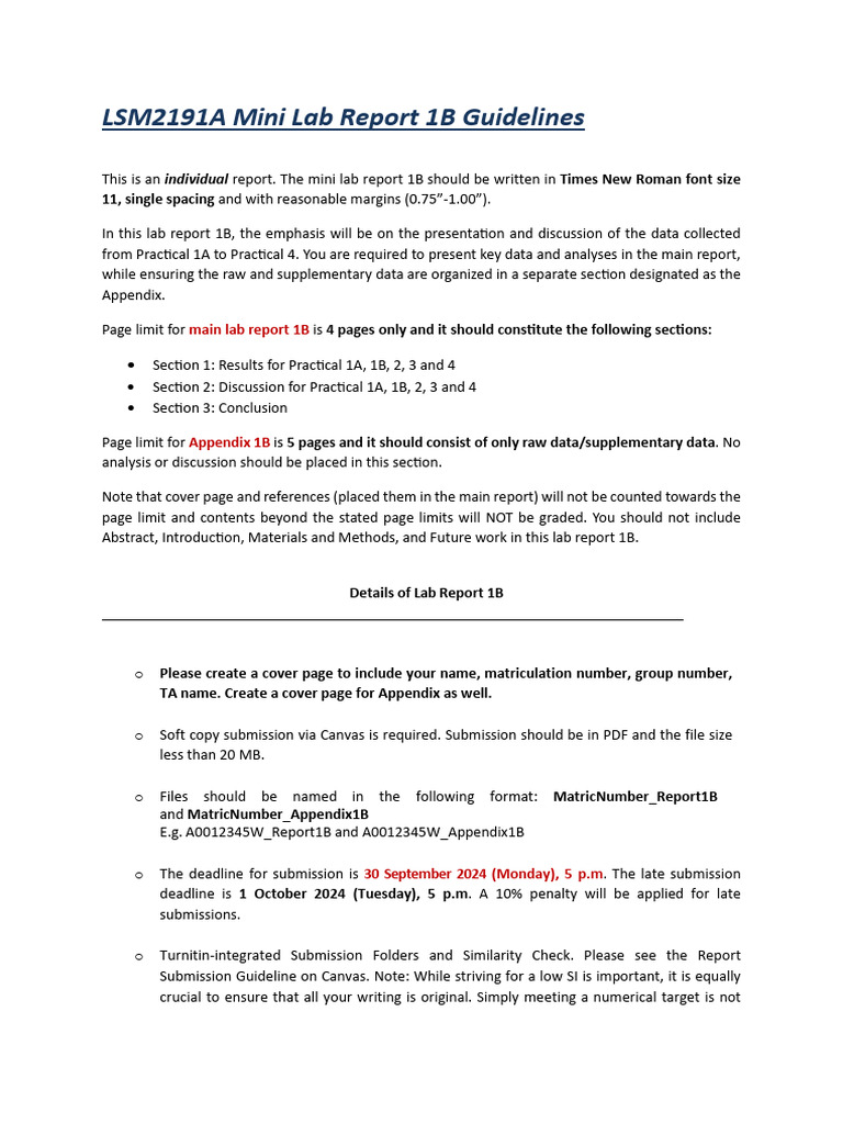 LSM2191A Mini Lab Report 1B Guidelines: Individual | PDF