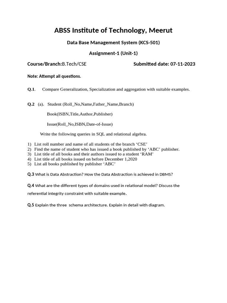 DBMS Assignment 1 | PDF