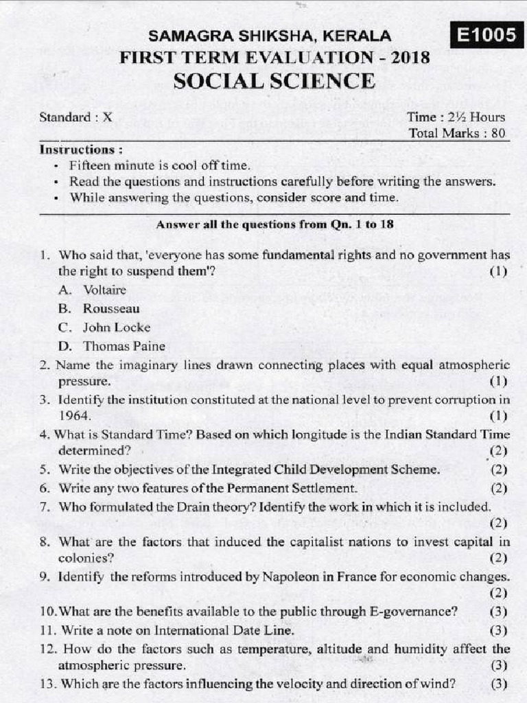 STD 10 Onam First Term Exam 2018 Question Paper - SS-English Medium | PDF