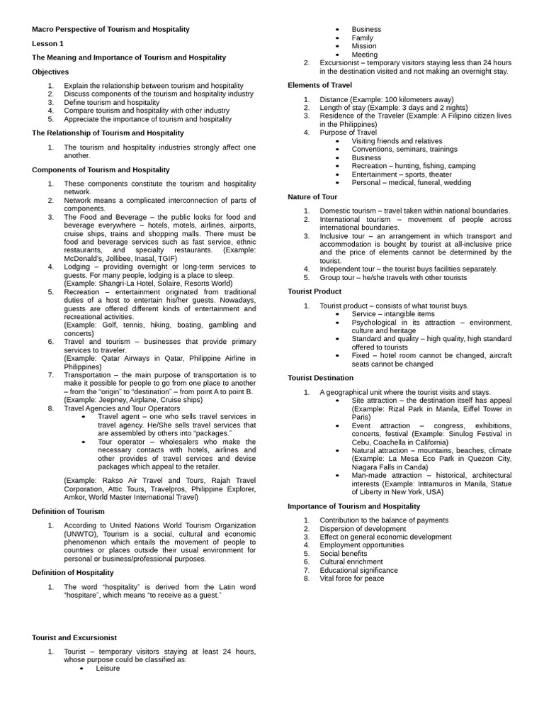 Lesson 1 The Meaning and Importance of Tourism and Hospitality | PDF