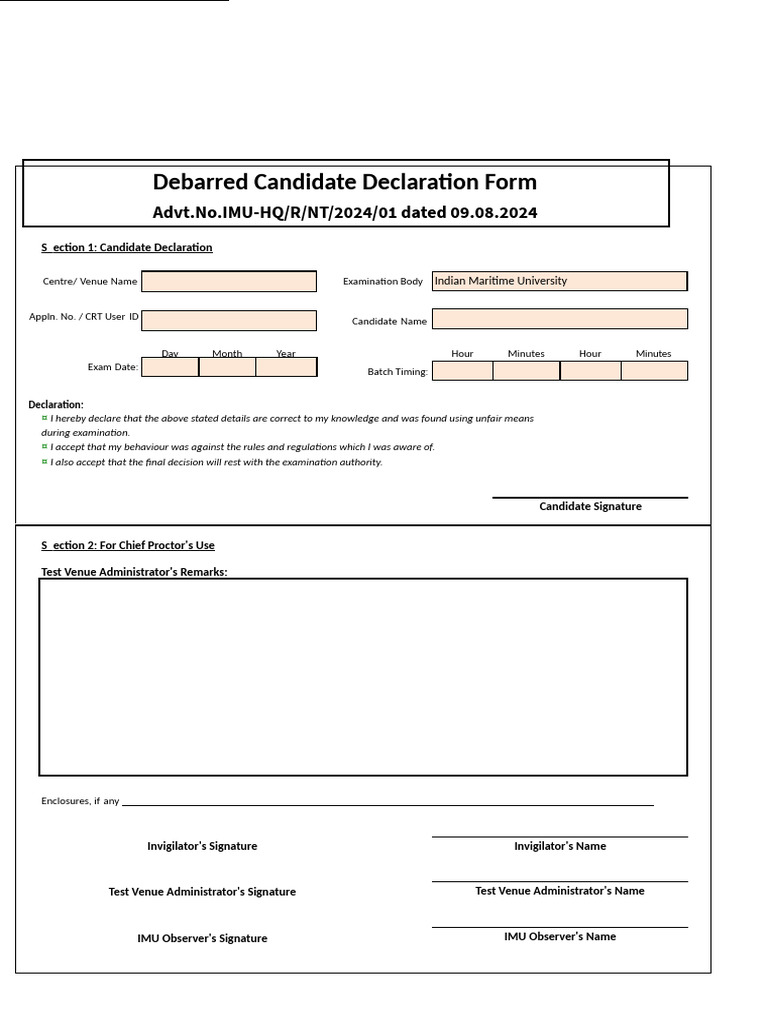 IMU - Debarred Candidate Declaration Form (CRT September 2024) | PDF