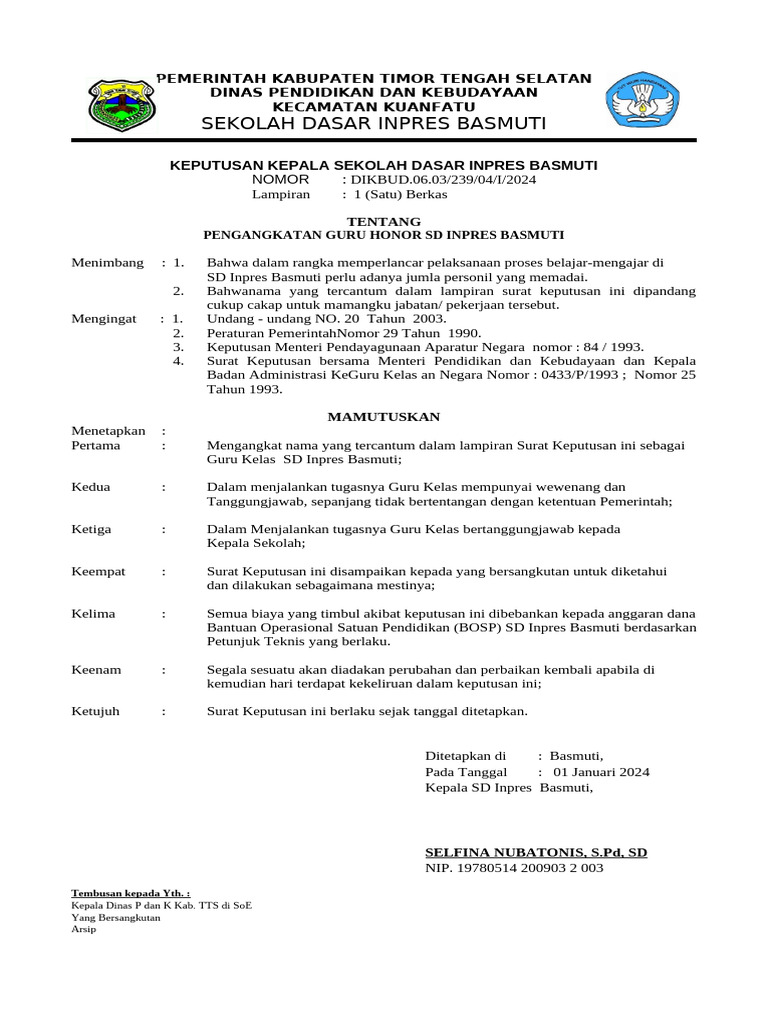 Contoh SK Pengangkatan Guru Honorer | PDF