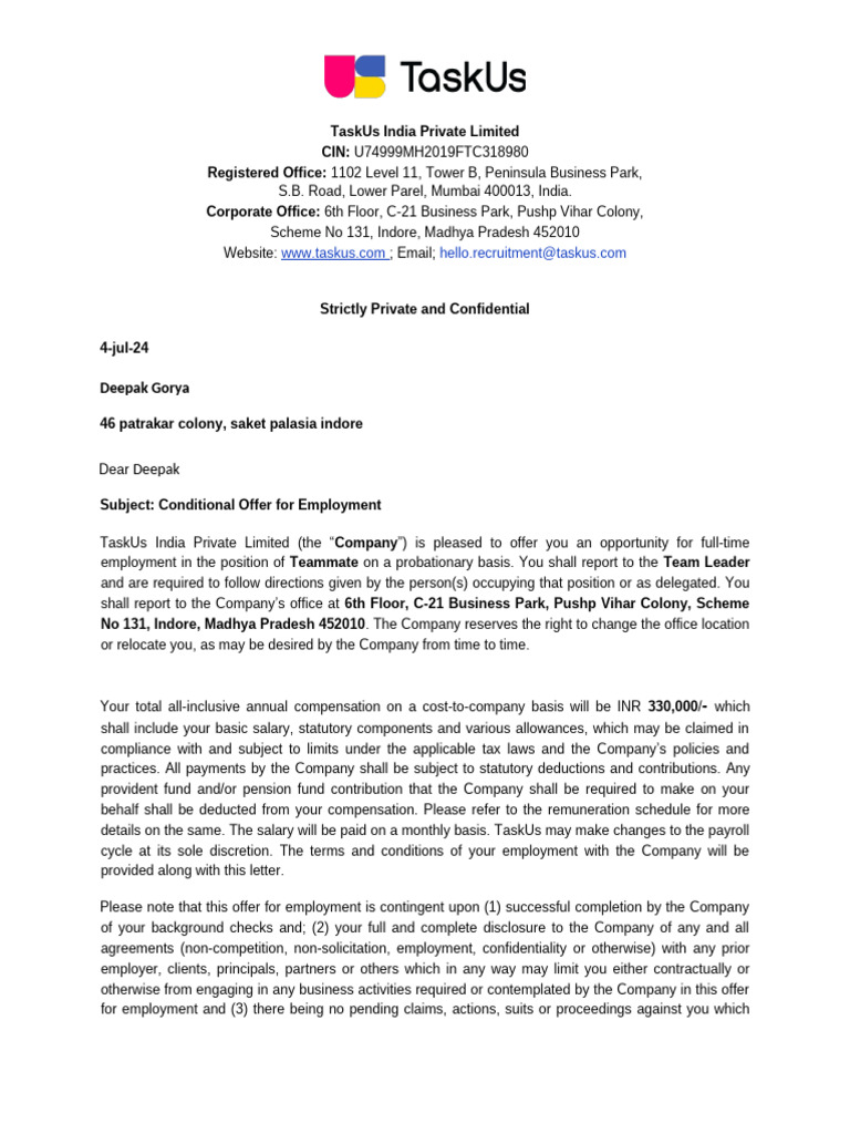 Offer Letter - Deepak - Gorya | PDF