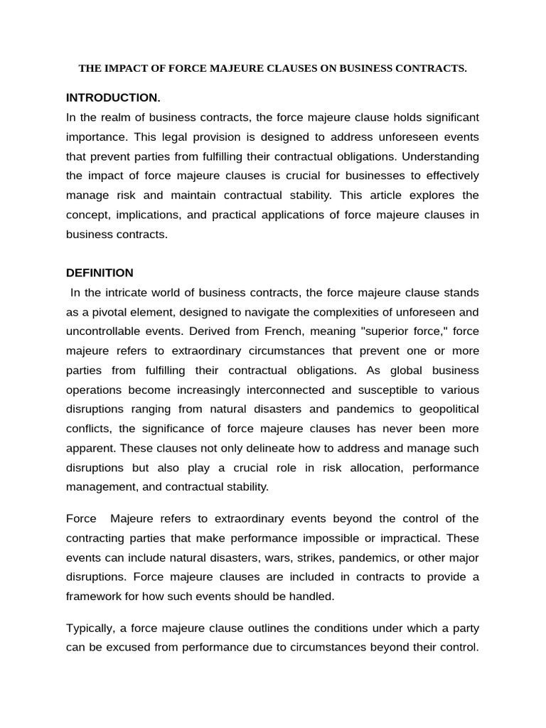 The Impact of Force Majeure Clauses On Business Contracts | PDF