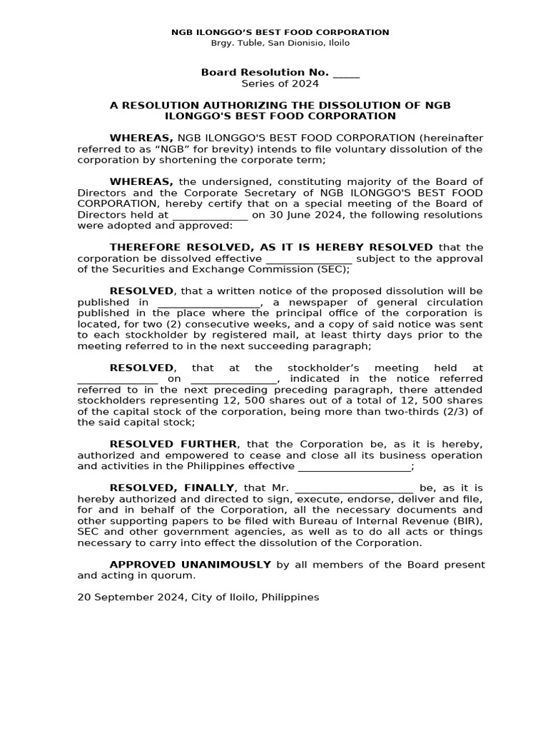 Board Resolution For Dissolution | PDF