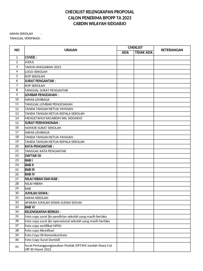 Checklist Kelengkapan Proposal | PDF